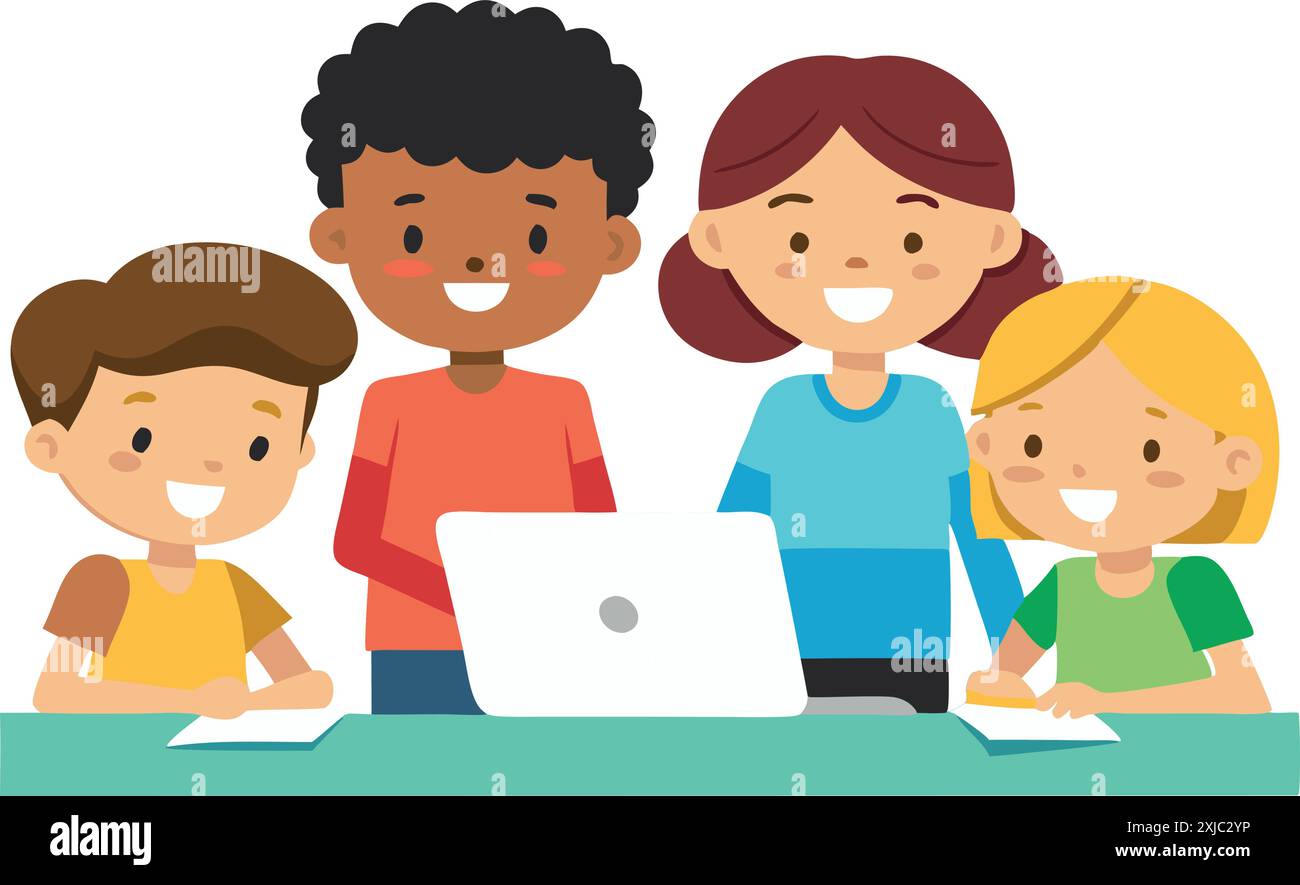 Illustration of happy, diverse children smiling while using a laptop ...