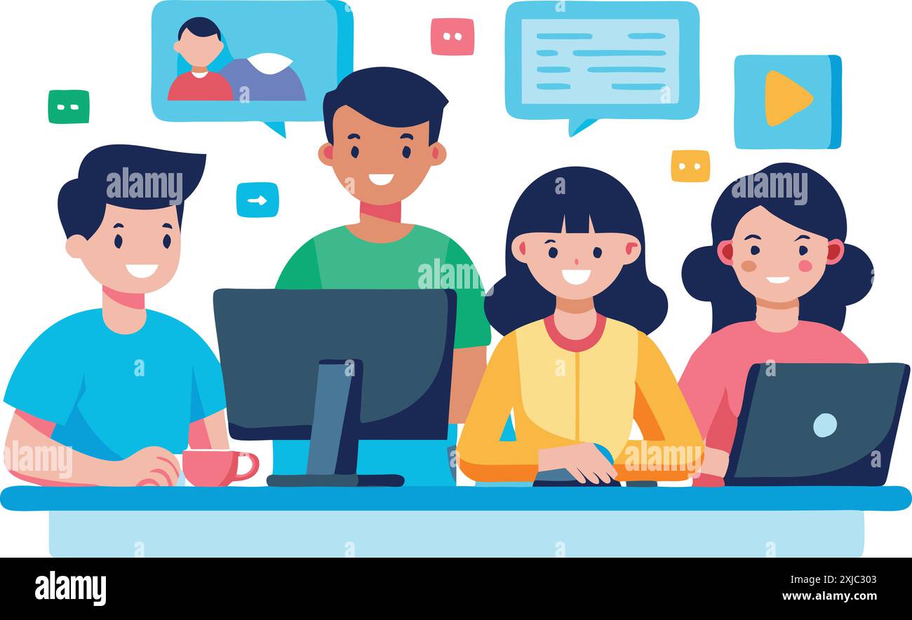 Illustration of a young team working together on computers, surrounded ...