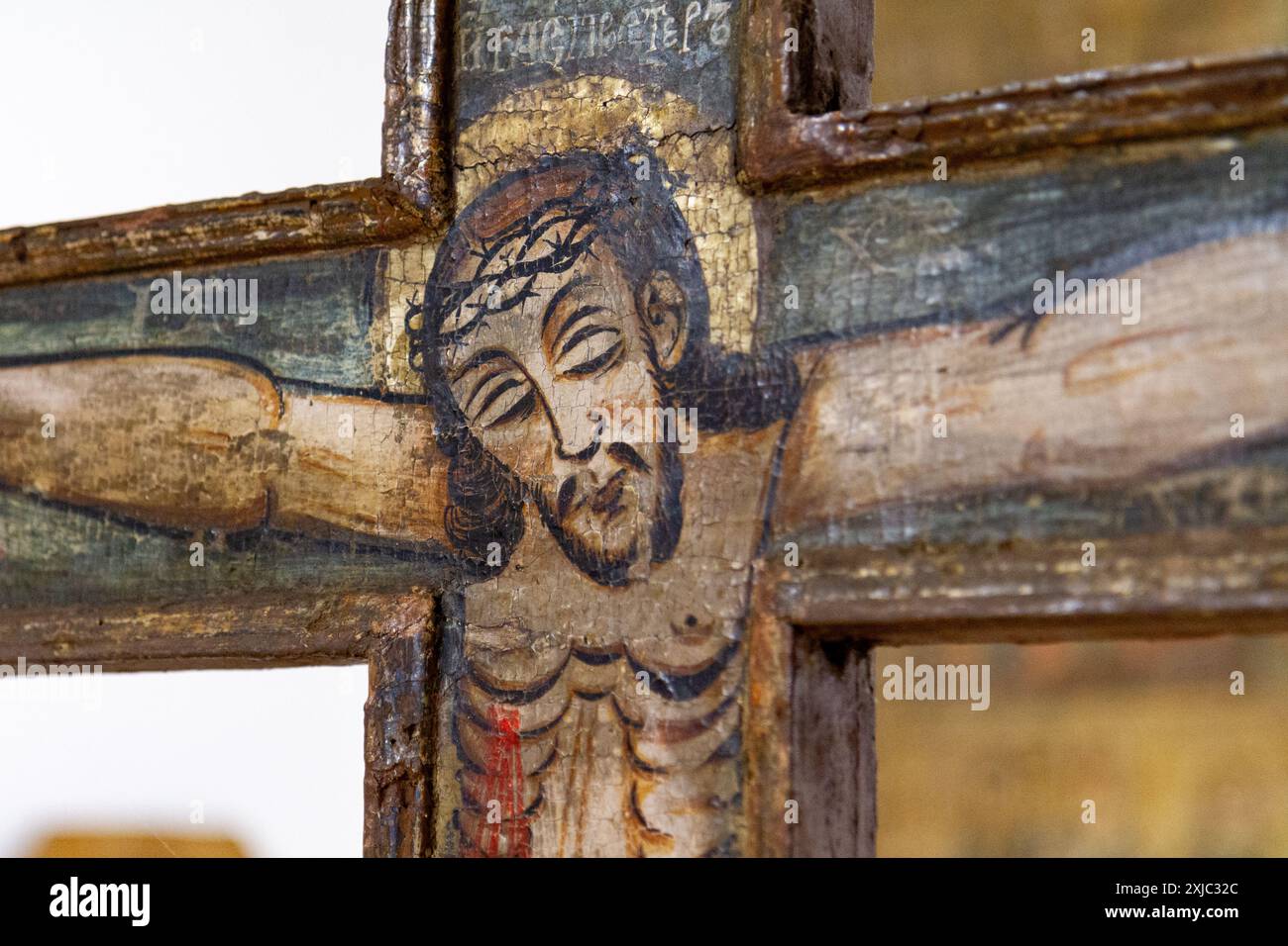 A Byzantine icon depicting crucified Jesus Christ. Displayed in a museum in Bardejov, Slovakia ...