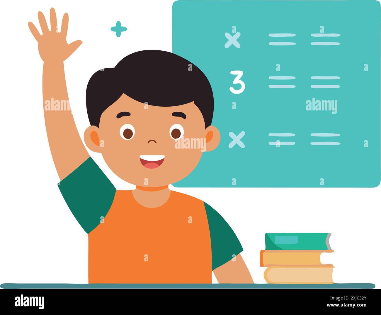 Happy school boy raising his hand during a math lesson in class ...