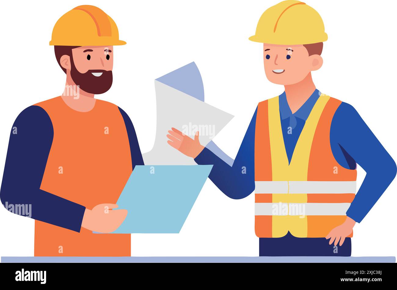 Two construction workers discuss project plans while wearing safety ...