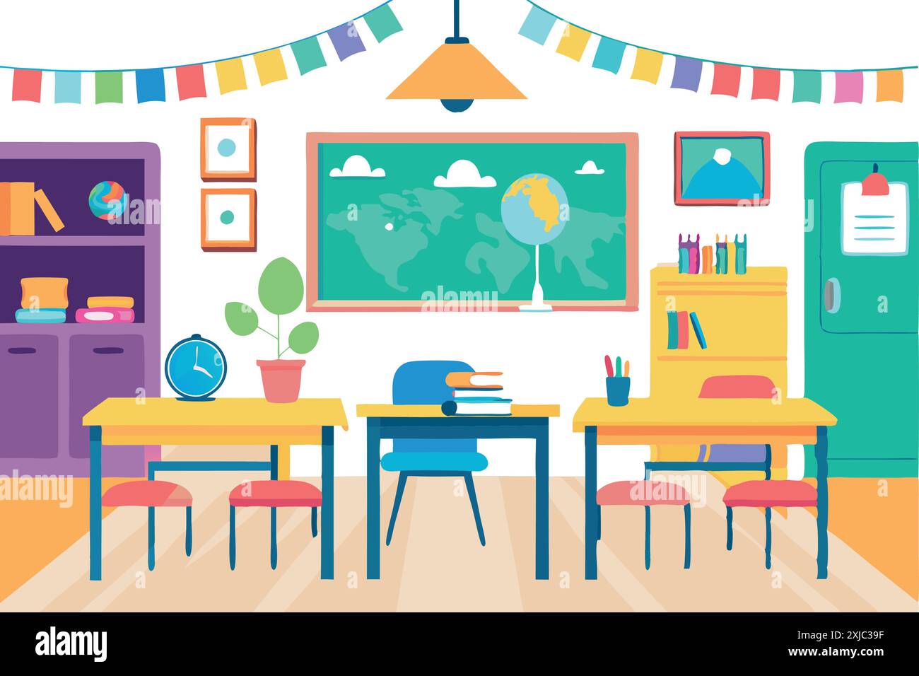 Bright and vibrant classroom setting featuring desks, chairs ...