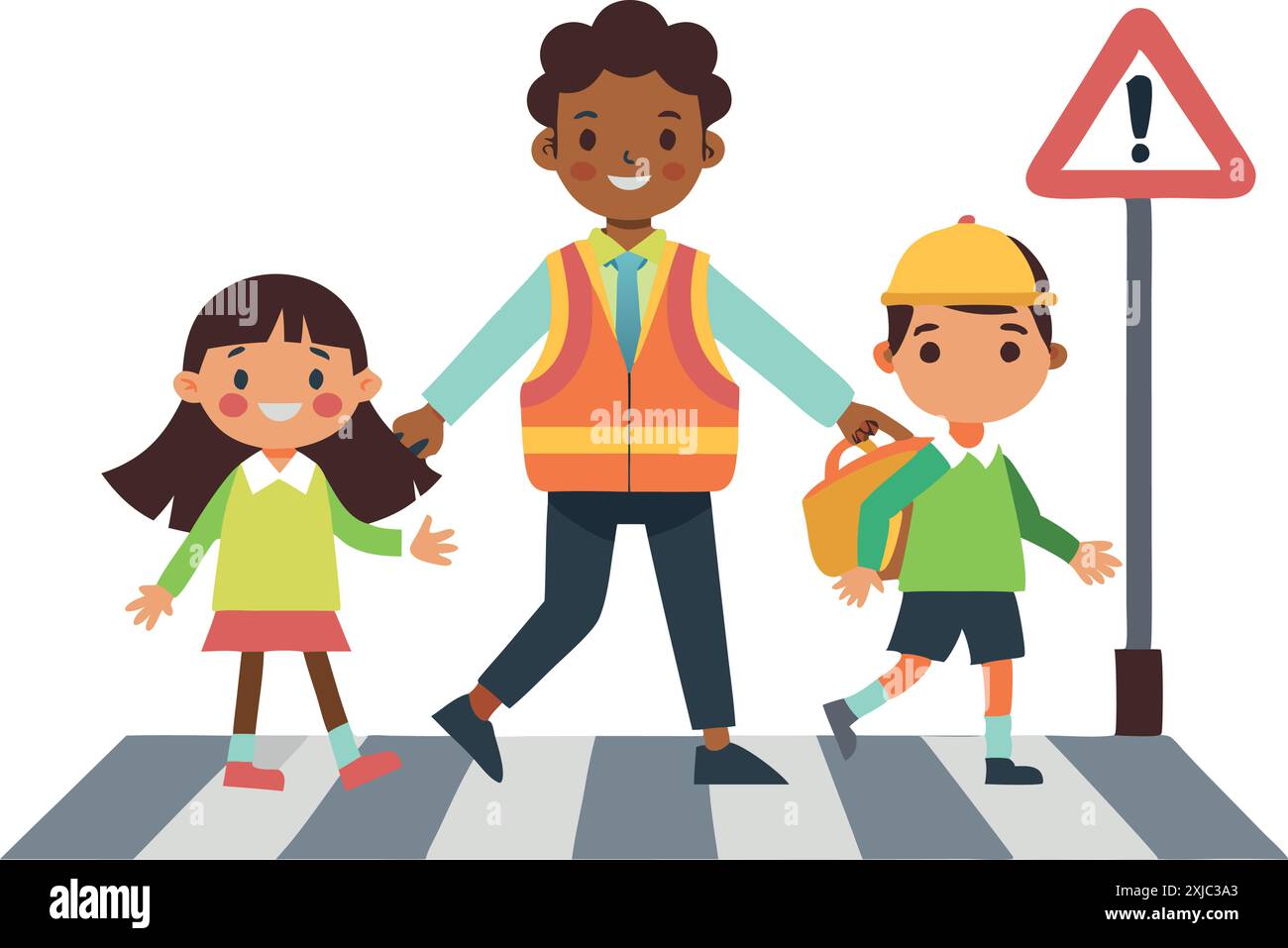 Illustration of a school crossing guard assisting two children cross ...