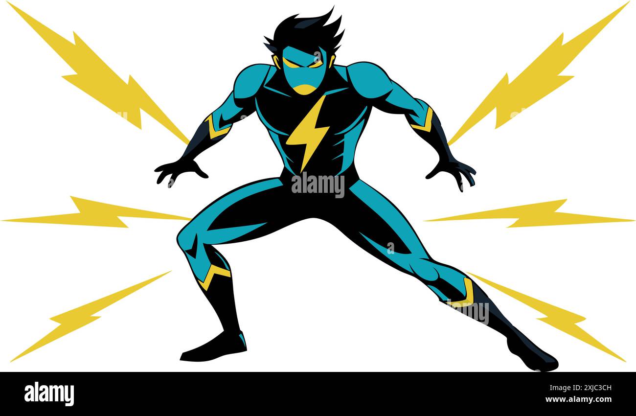 Vector illustration of a dynamic superhero character with electric powers, striking an action ...