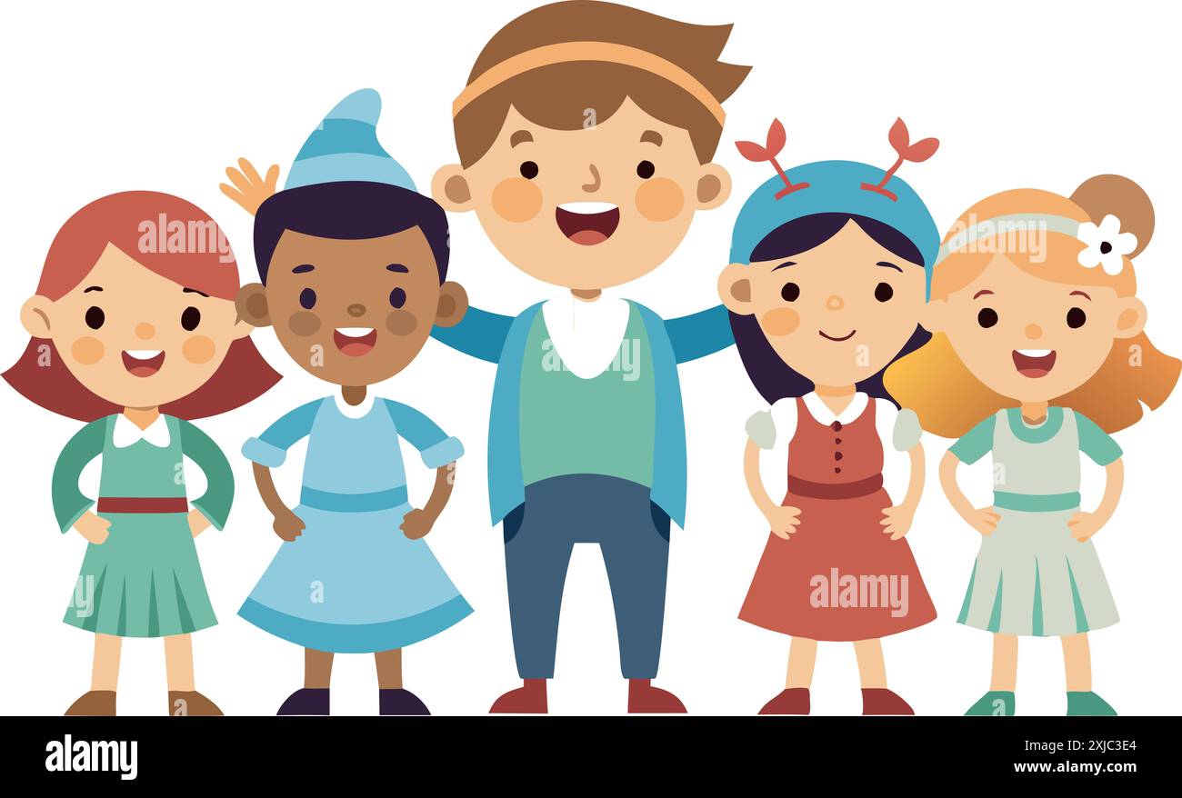 Colorful cartoon illustration of a group of happy, diverse kids in ...