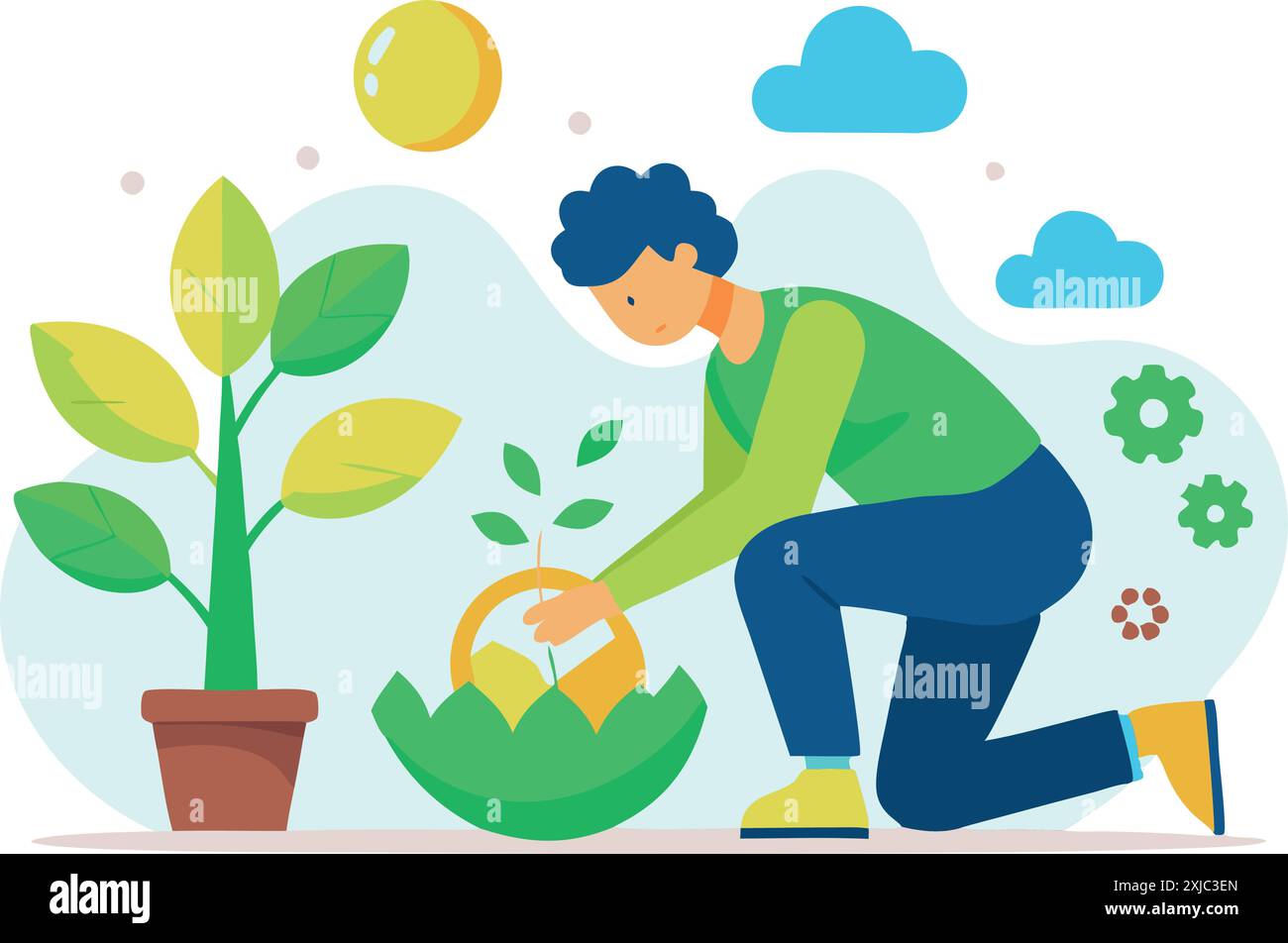 Illustration of a person tending to a plant, symbolizing growth, nature ...