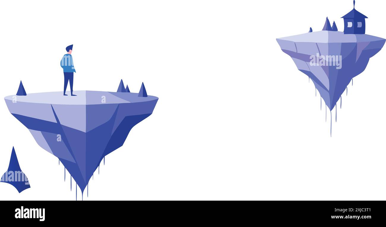Digital illustration showing a person standing on a floating island ...