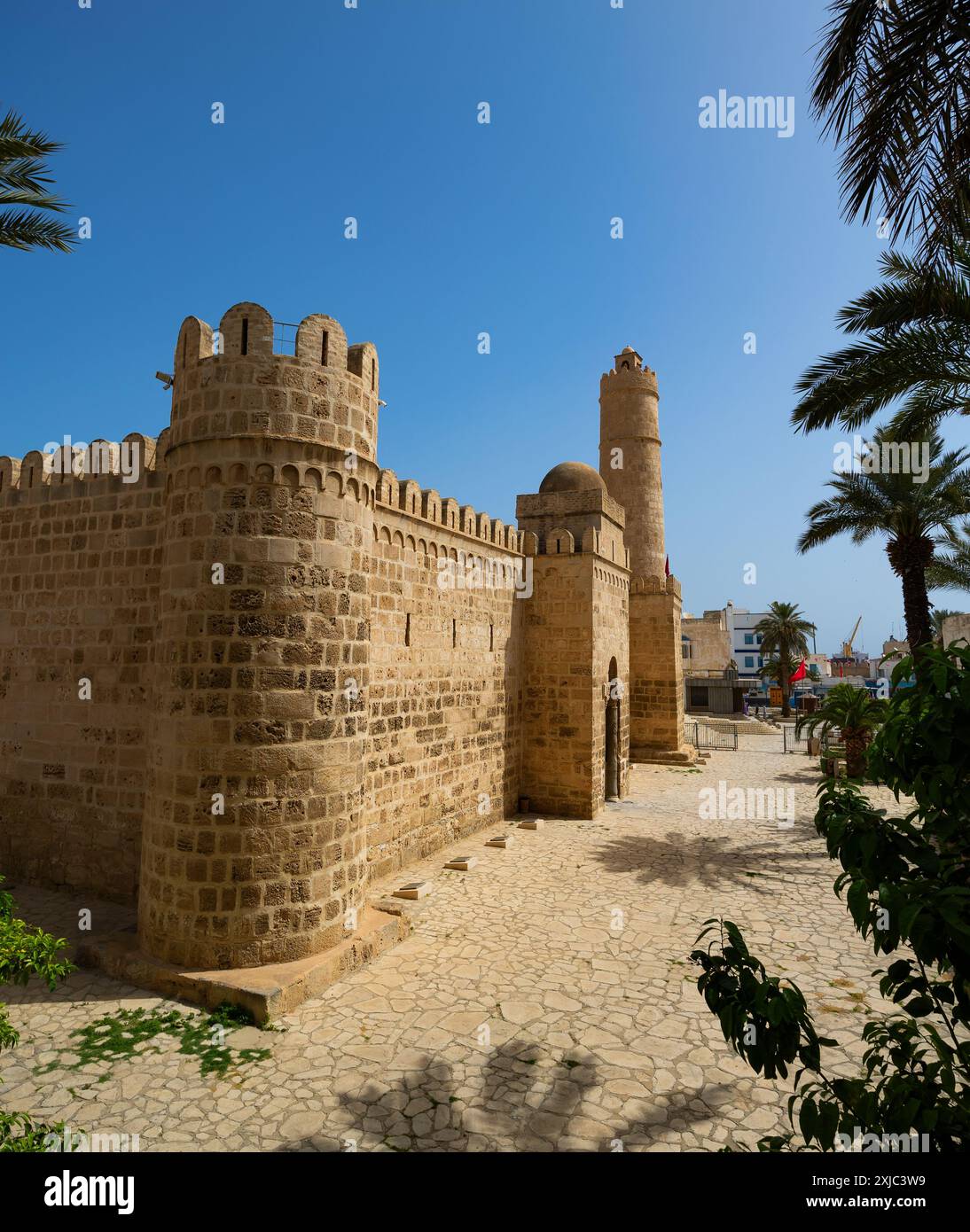 Crenellated stone walls with towers of Ribat of Sousse, Tunisia Stock ...