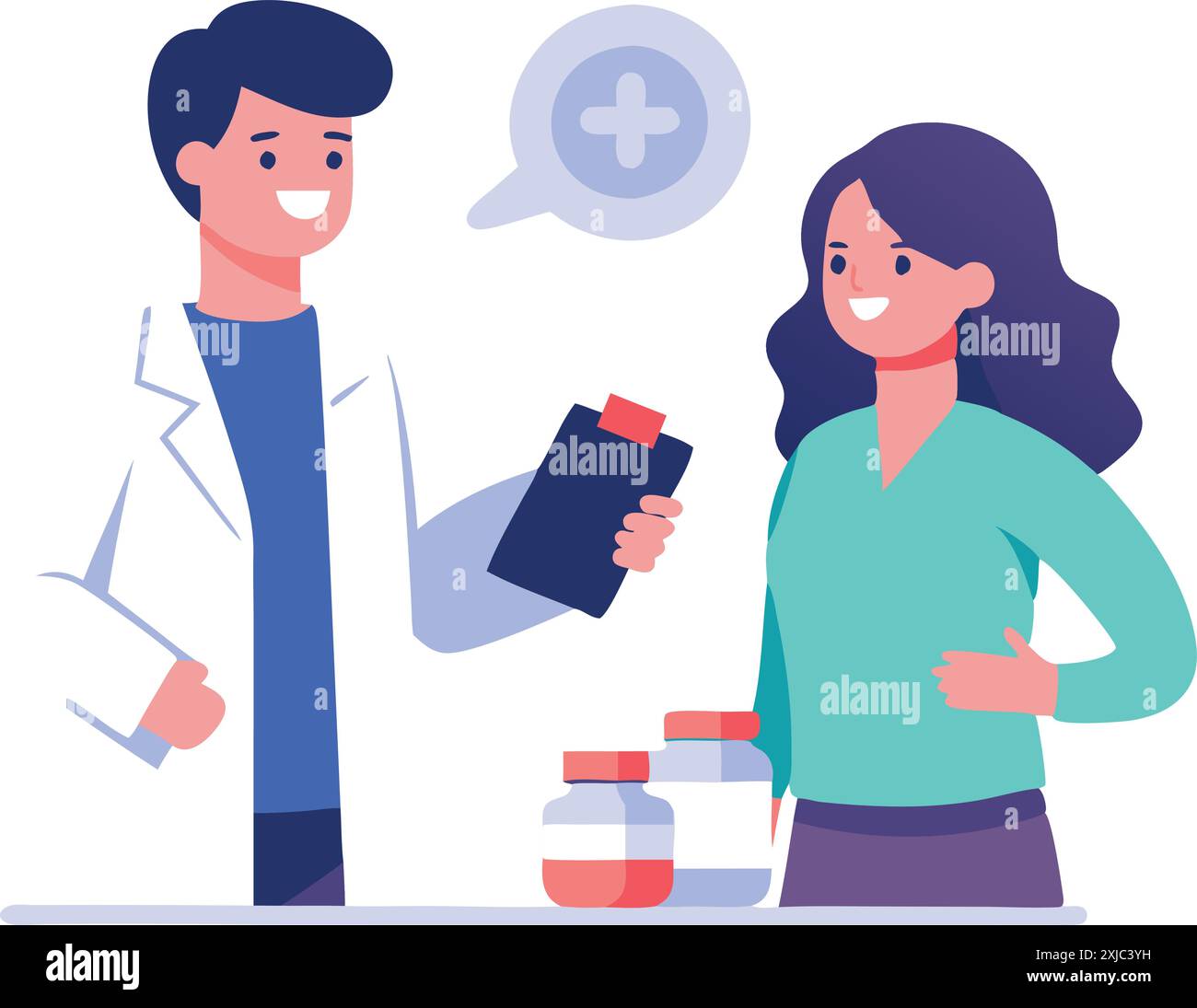 Illustration of a pharmacist providing a consultation to a smiling ...