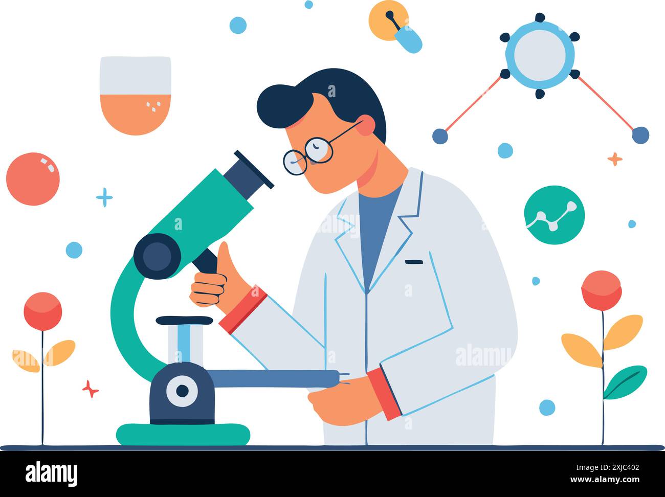 Illustration of a scientist using a microscope in a laboratory ...