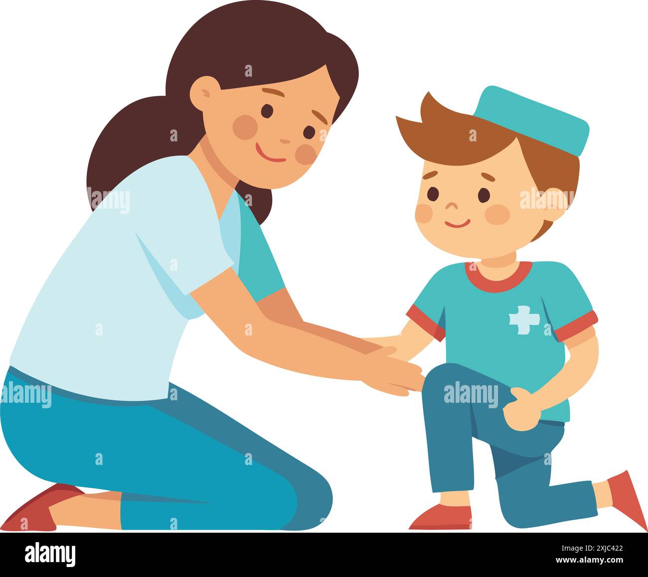 A loving woman provides care to a child with a scraped knee ...