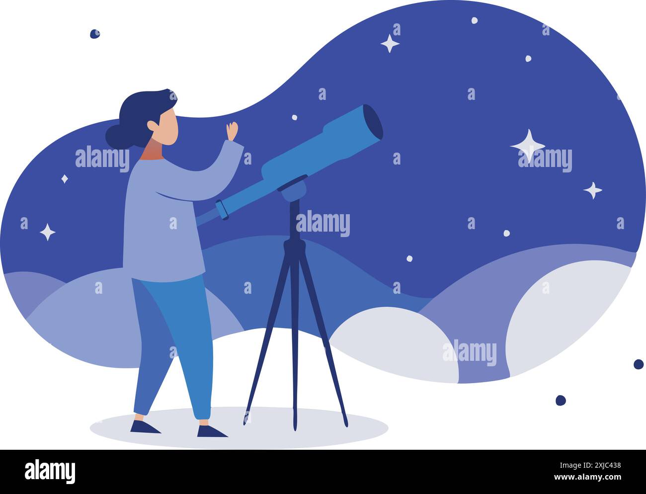 Illustration of a person looking through a telescope at stars in a ...