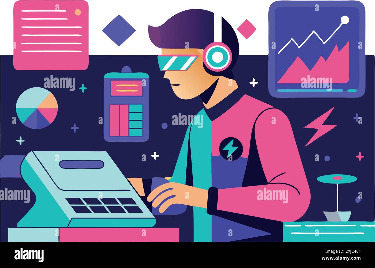 Colorful illustration of a young developer working on a computer, surrounded by data ...