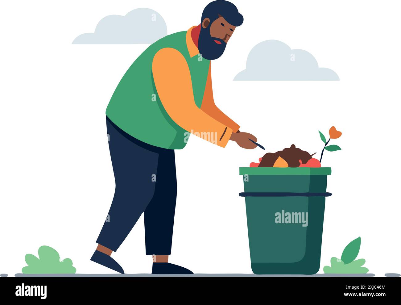 Illustration of a man composting food waste in a garden, emphasizing ...
