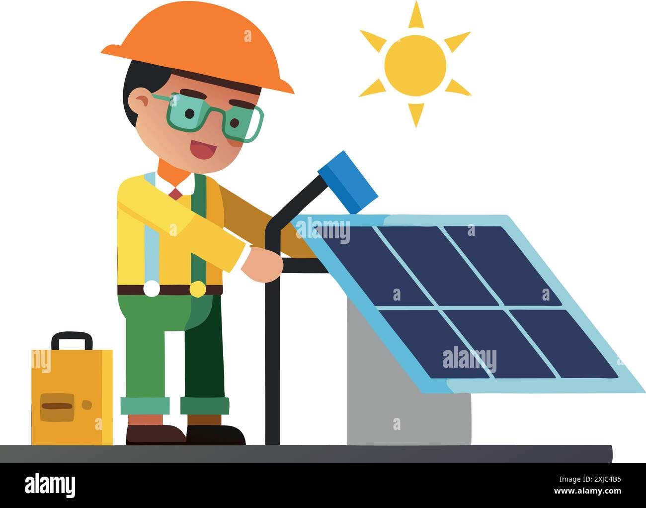 Cartoon illustration of an engineer wearing a helmet inspecting a solar ...