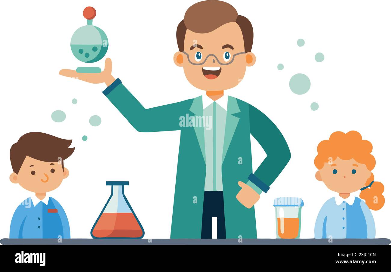 Cartoon illustration of a scientist and two children conducting a fun ...