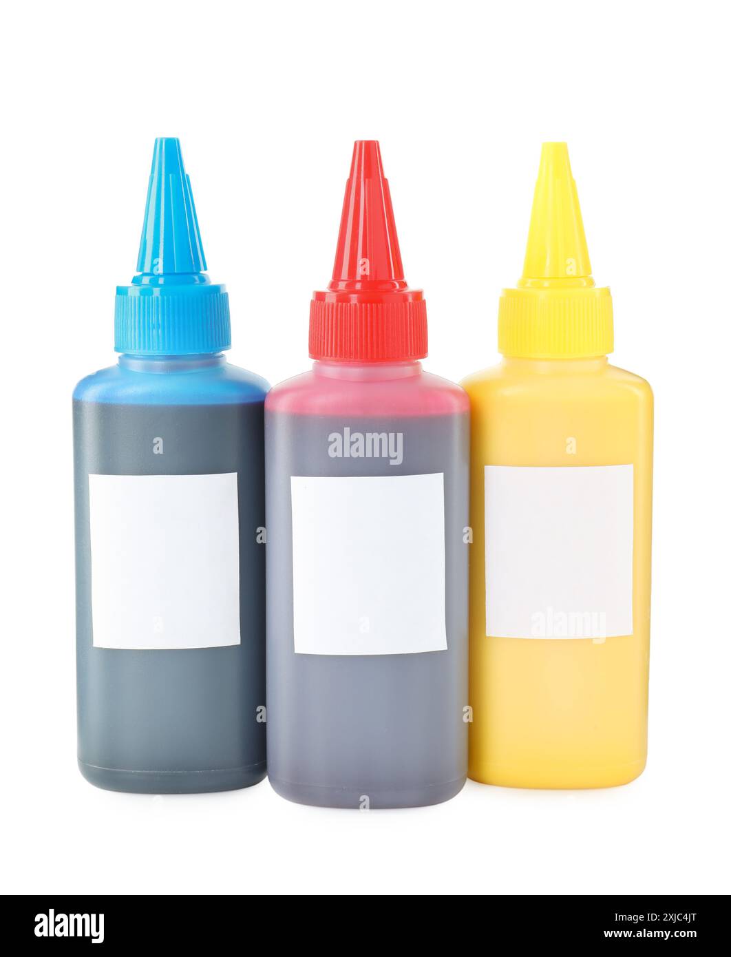 Bottles of different printer ink isolated on white Stock Photo - Alamy