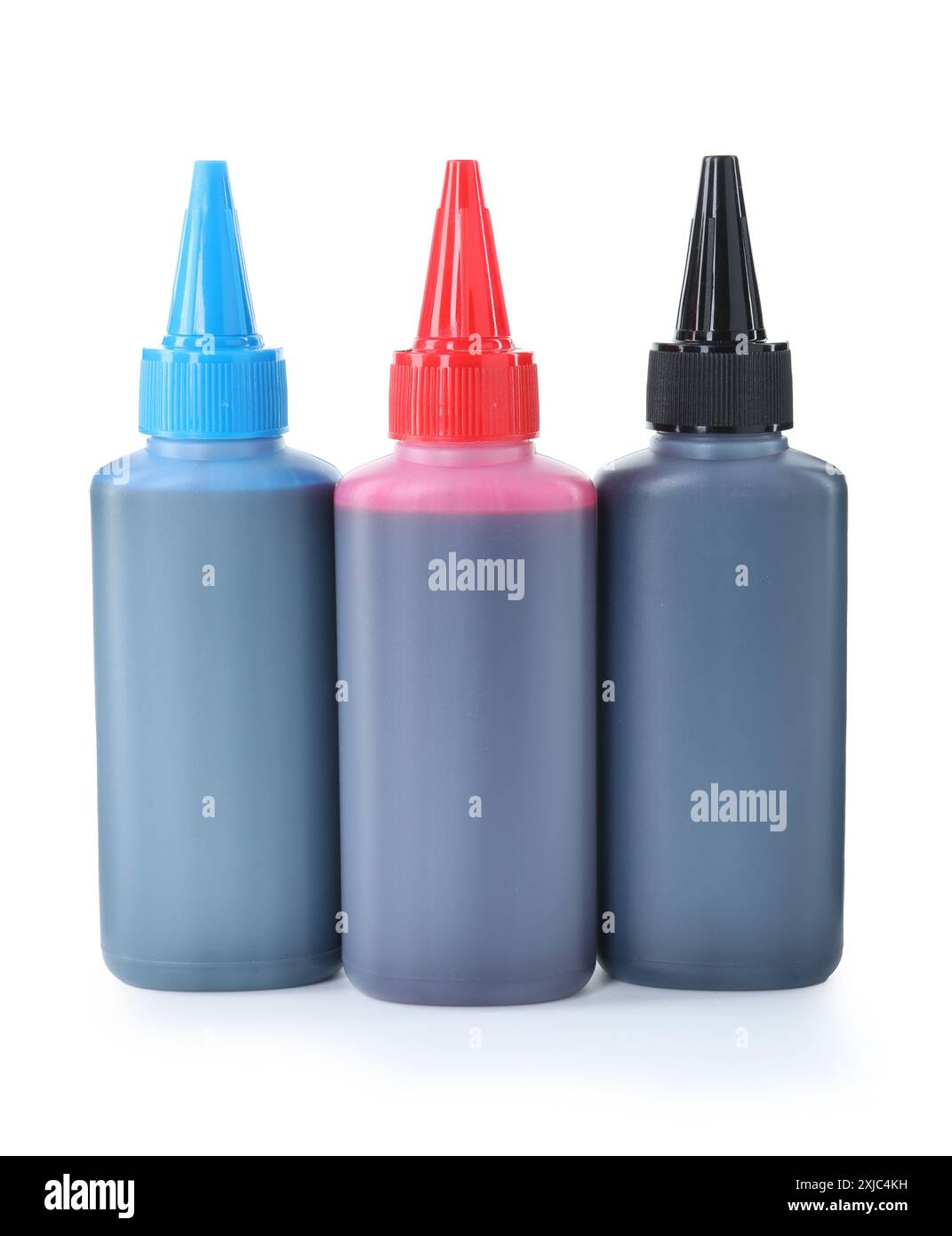Bottles of different printer ink isolated on white Stock Photo - Alamy