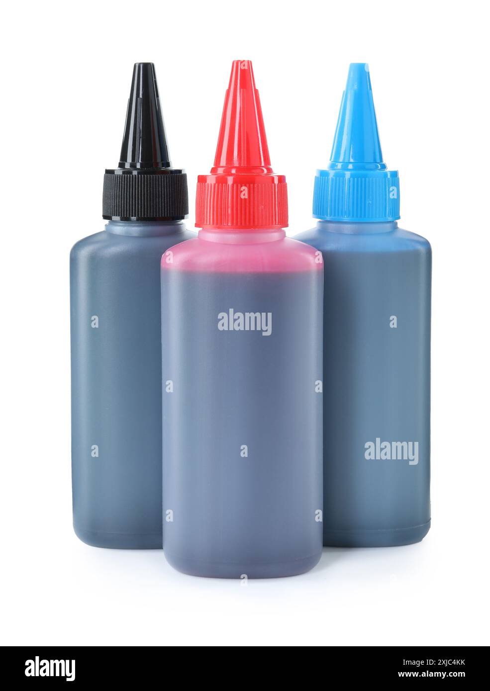 Bottles of different printer ink isolated on white Stock Photo - Alamy