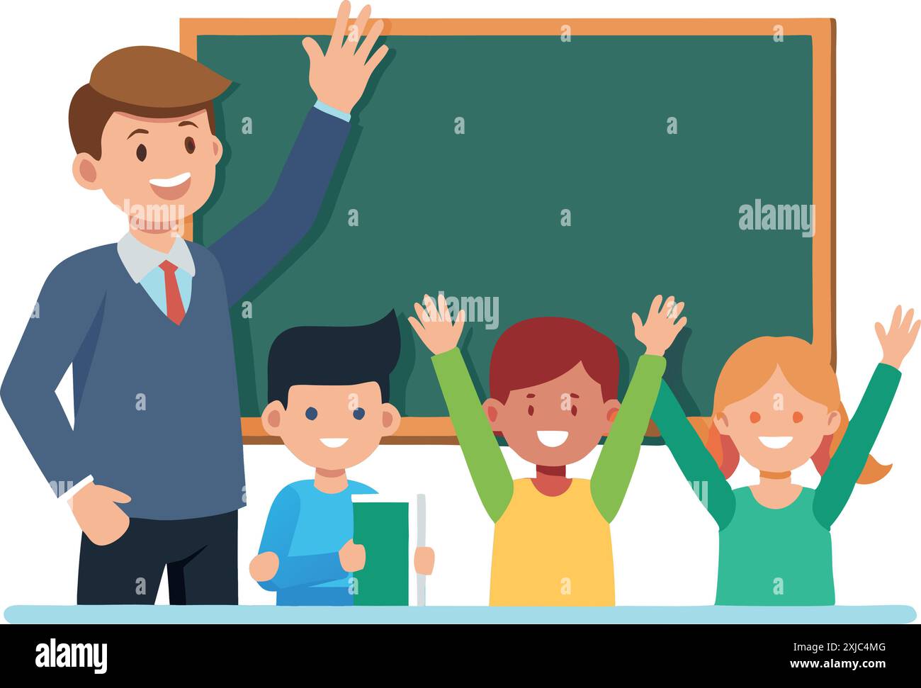 Teacher and three happy children raising their hands in a classroom ...