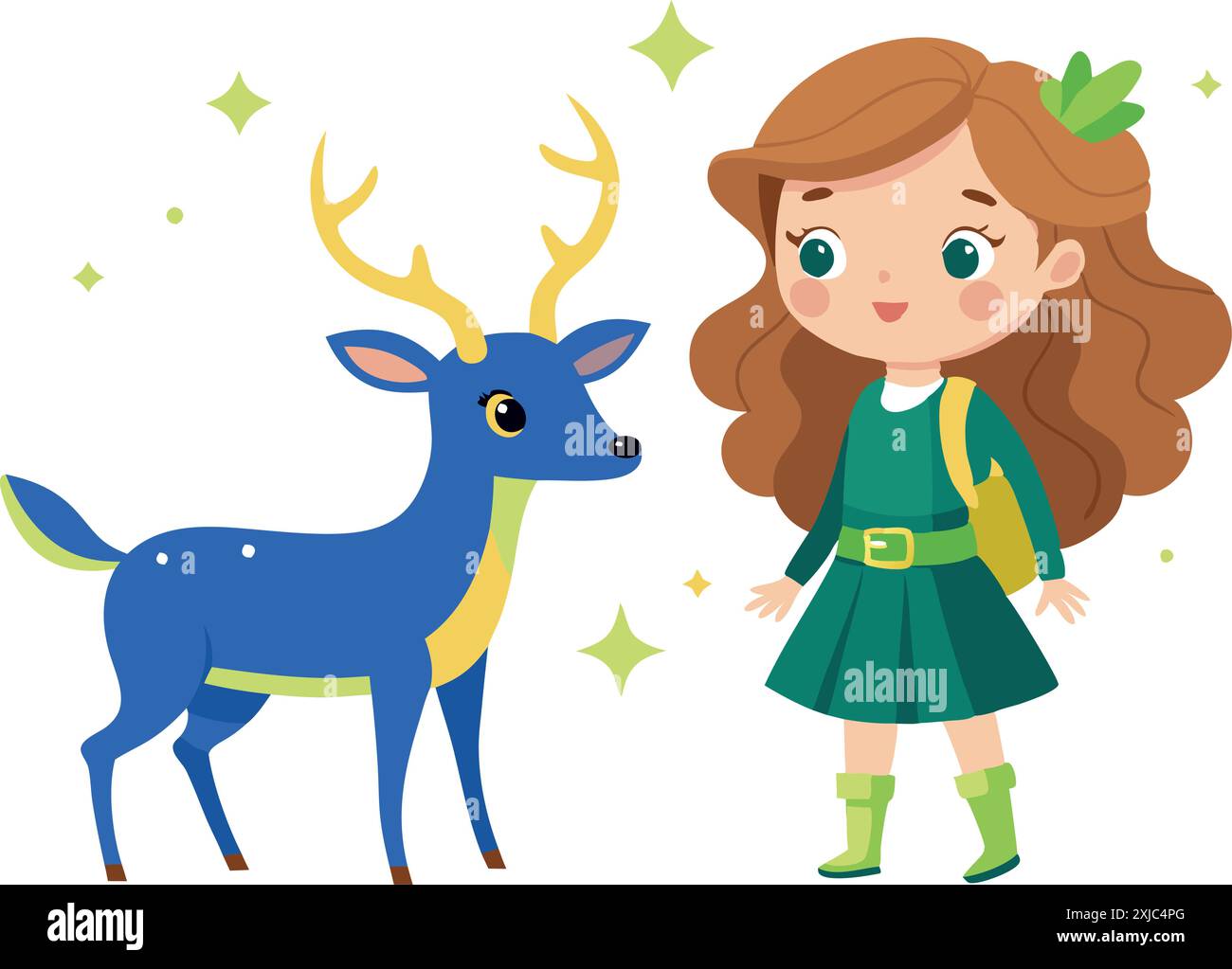 Adorable cartoon illustration of a cute girl interacting with a blue ...