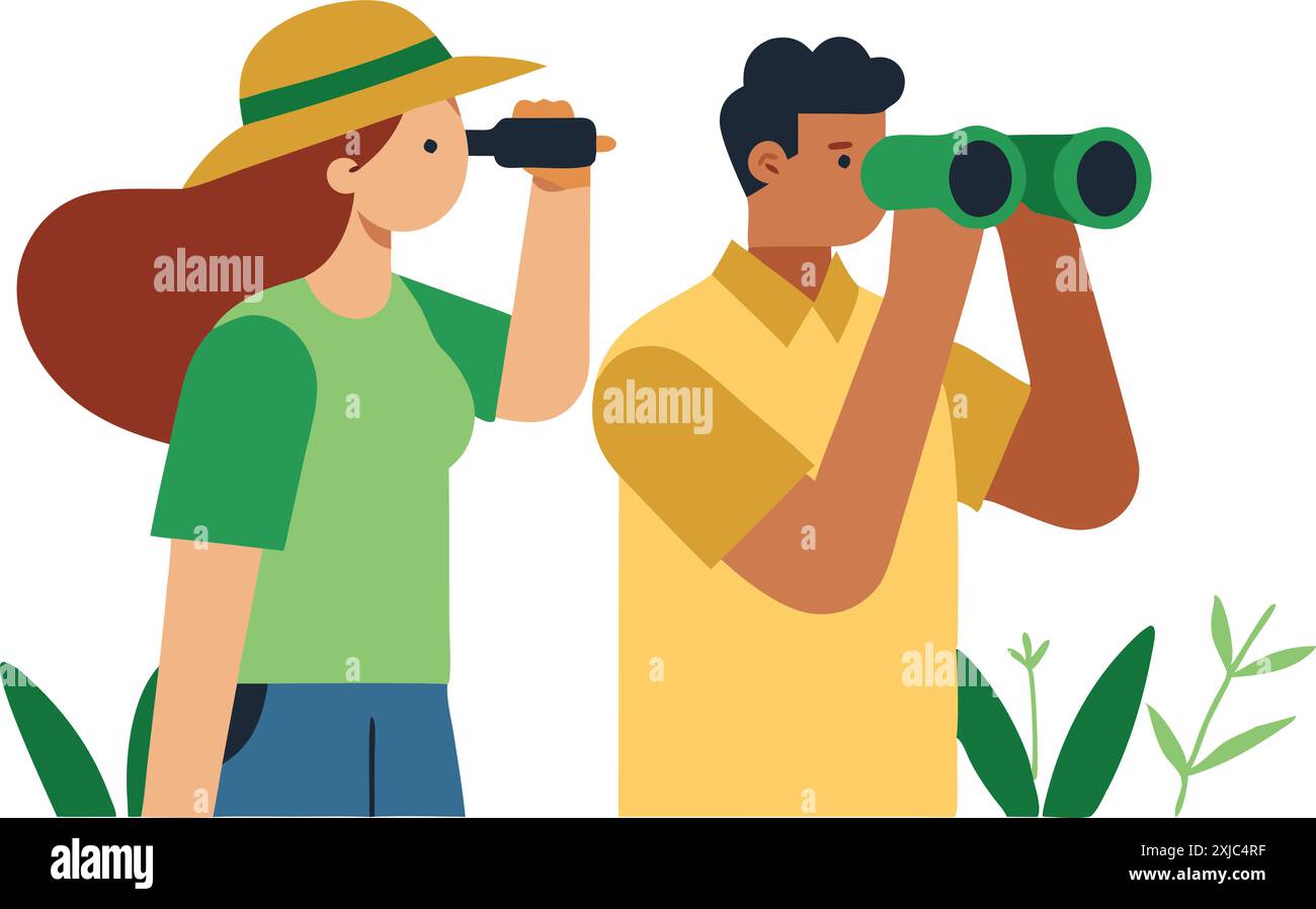 Illustration of a couple birdwatching using binoculars in nature. Ideal ...