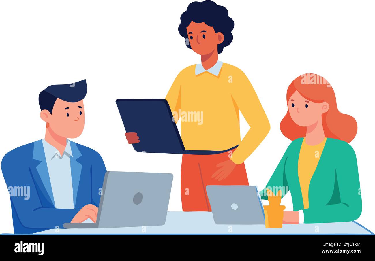 Team engaging in collaborative project work using laptops in an office ...