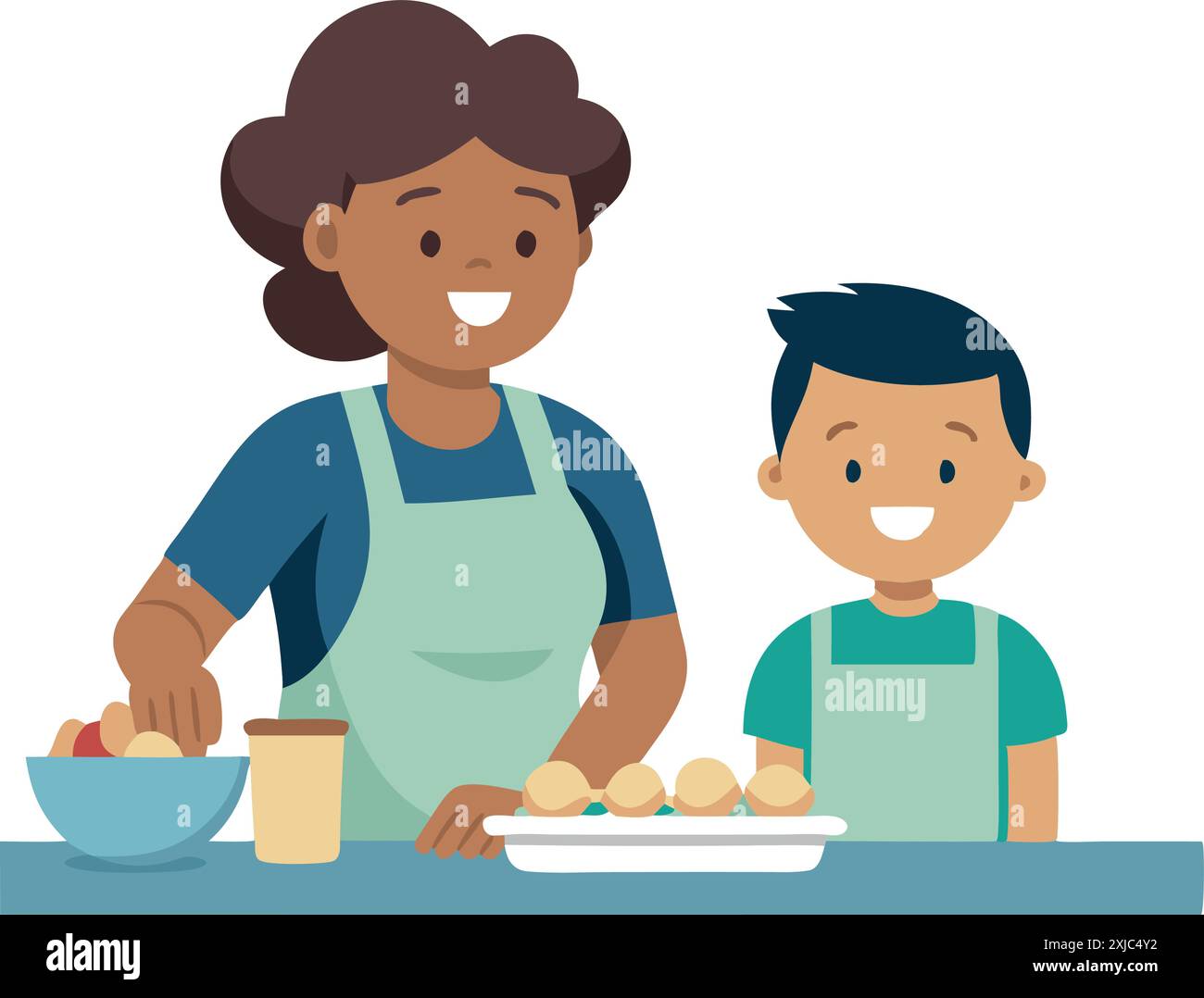 Illustration of a mother and son baking together, mixing ingredients ...
