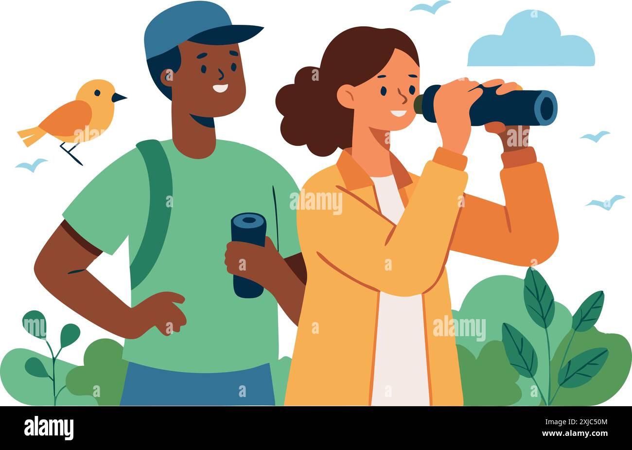 Illustration of young couple birdwatching in nature with binoculars ...