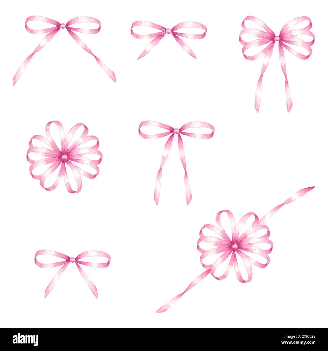 Watercolor hand painted bows set. Pastel pink ribbon preppy festive ...