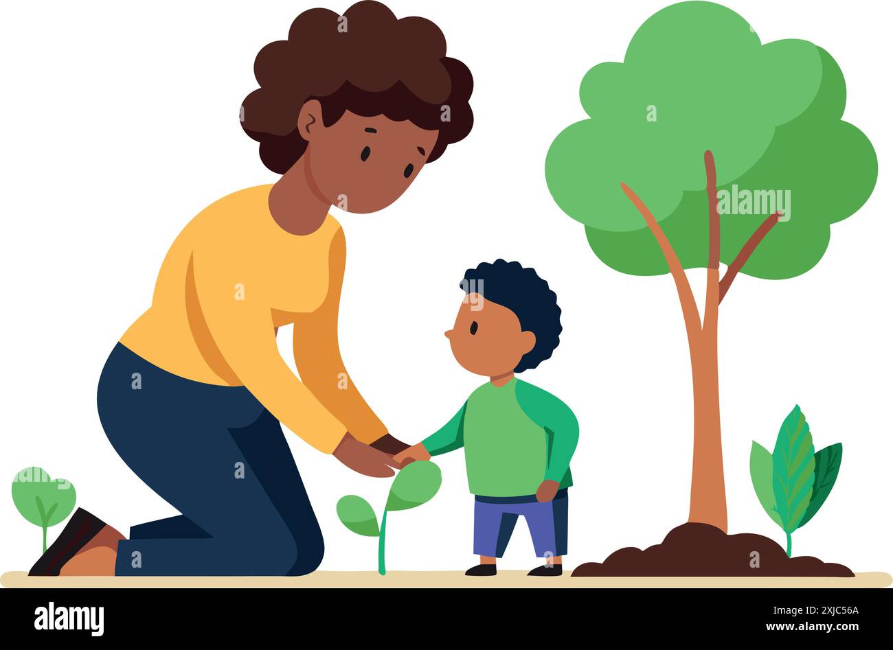 Illustration of a mother and child planting a tree outdoors, depicting concepts of nature ...