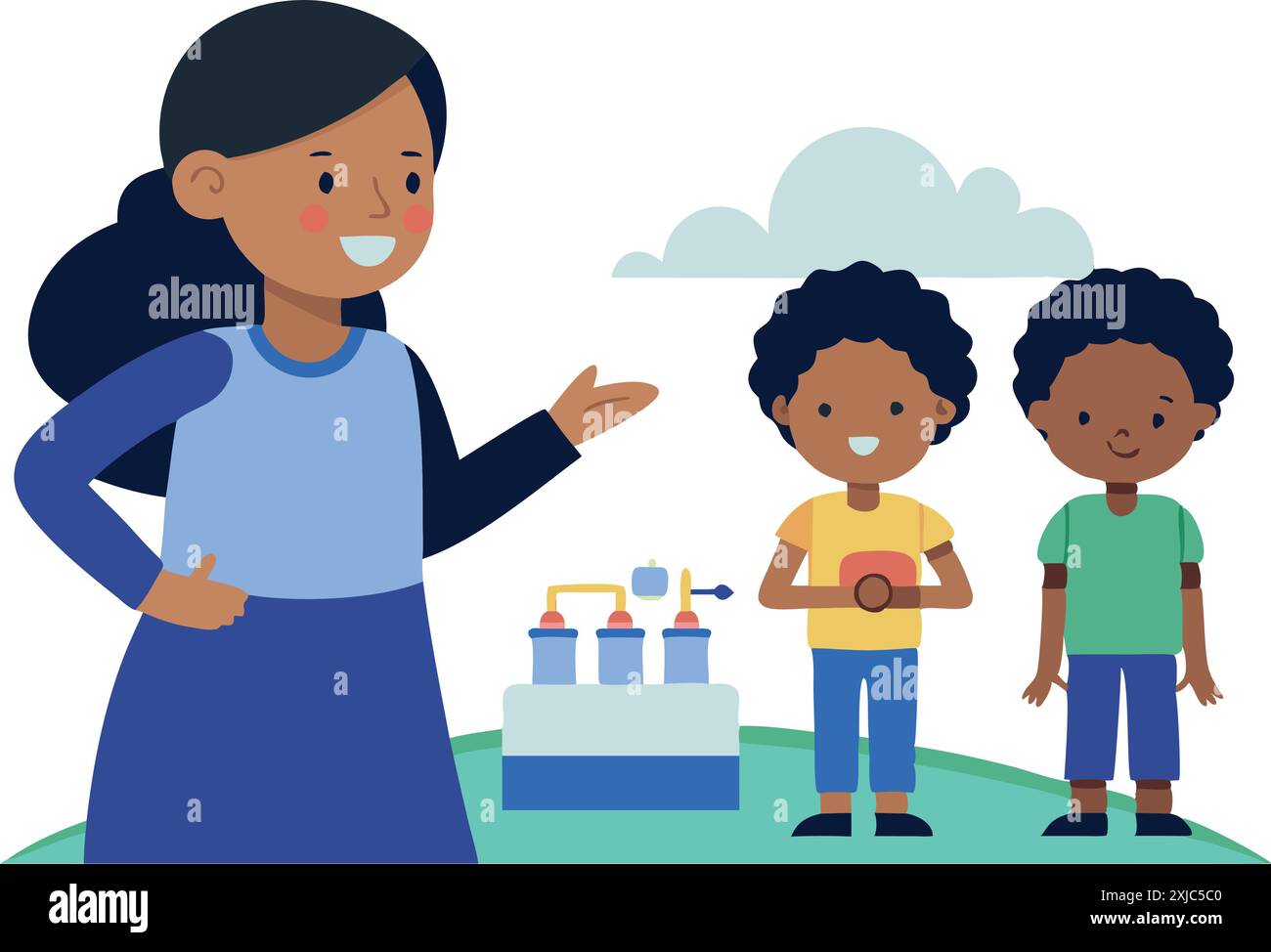 Vector illustration depicting a teacher interacting with two children ...