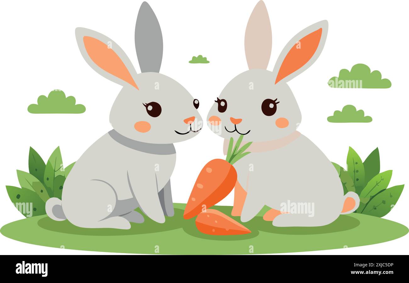 Two adorable cartoon rabbits sharing a carrot in a green garden ...