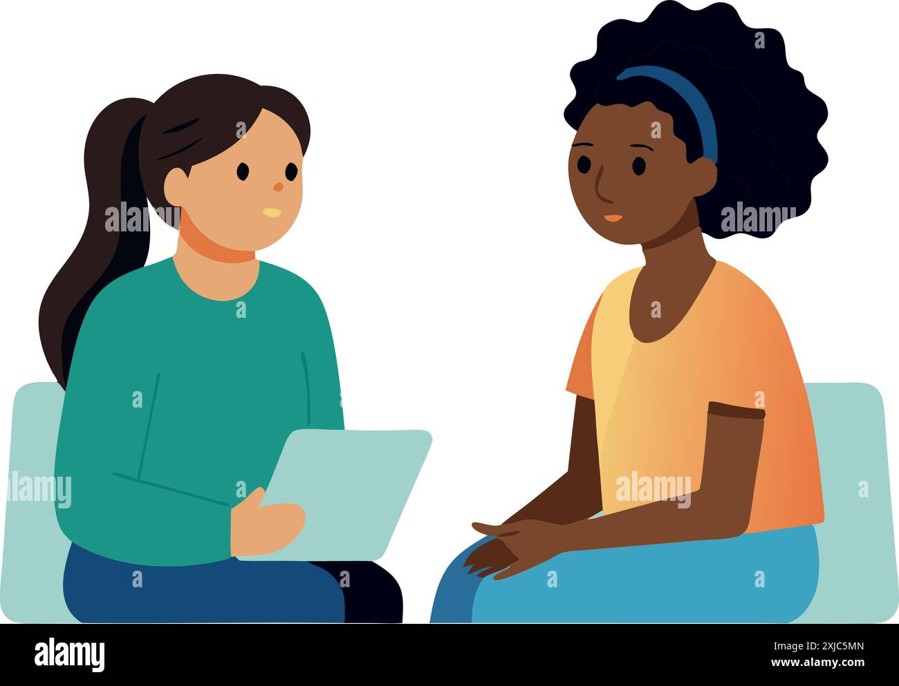 Vector illustration featuring two women sitting on chairs and engaging ...