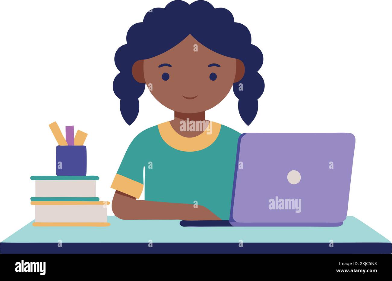 Illustration of a young student studying online with a laptop at a desk ...
