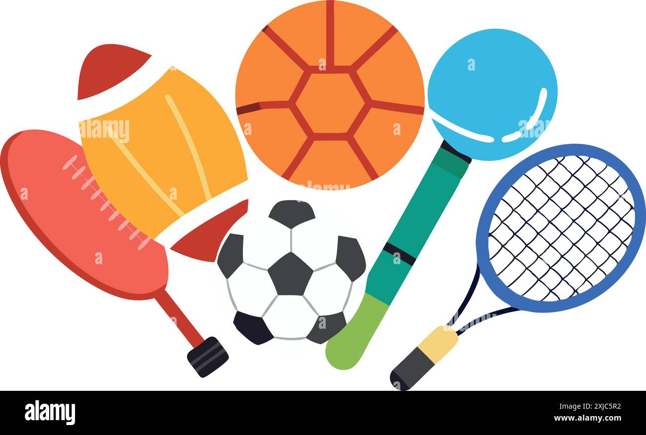 Colorful illustration featuring different sports equipment such as ...