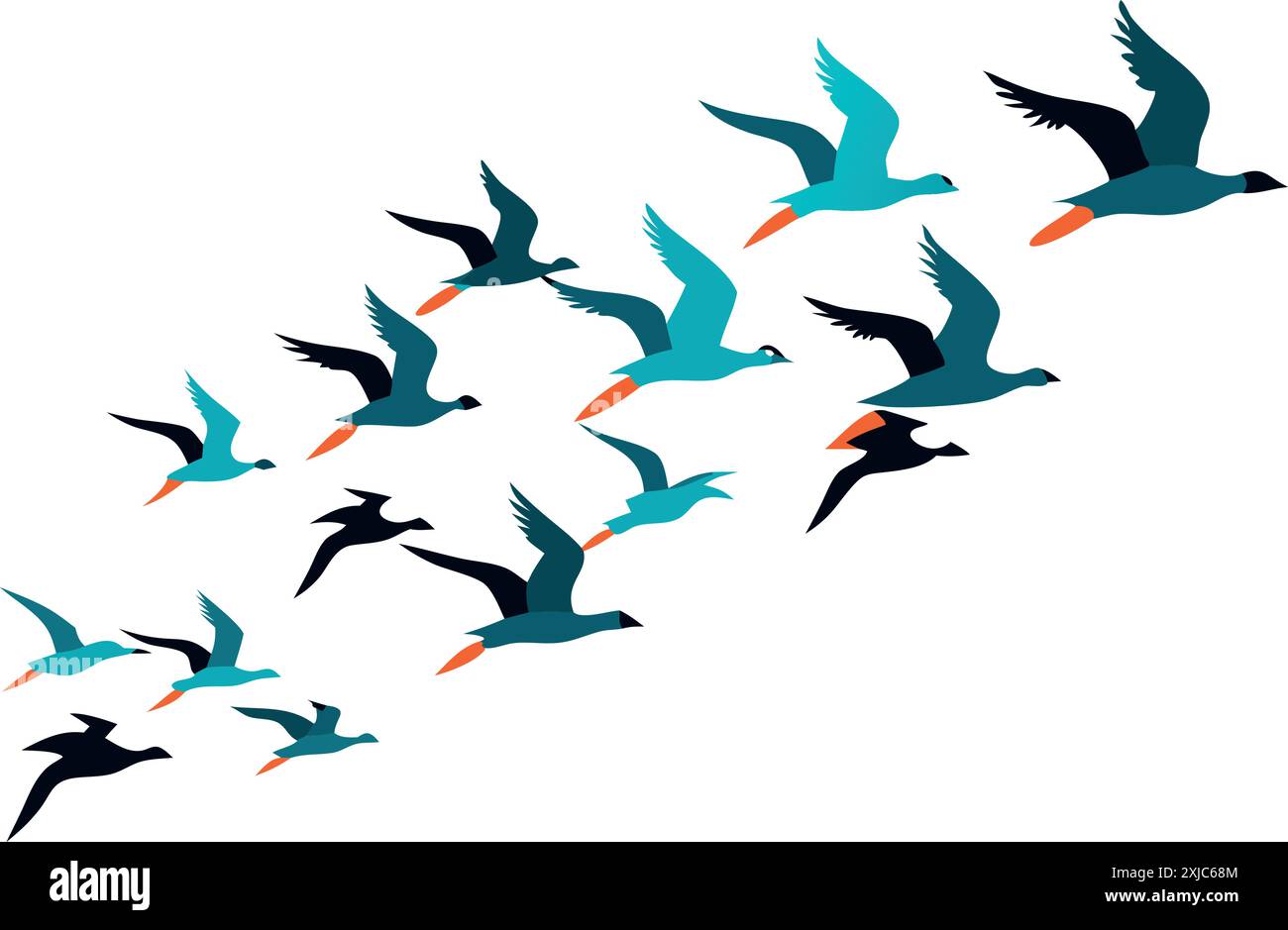 Colorful vector illustration depicting a flock of birds flying in ...