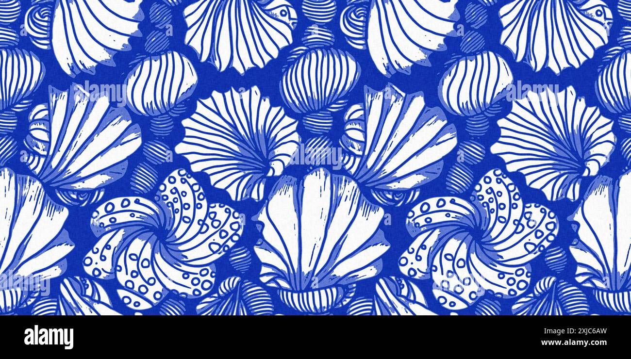 Azure blue white shell motif with linen seamless batik border ...