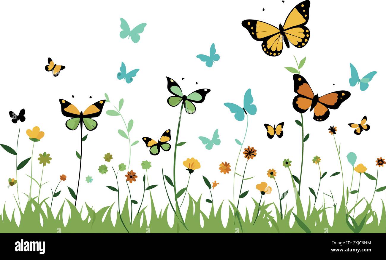 Colorful butterflies flutter above vibrant flowers in a grassy field. A ...