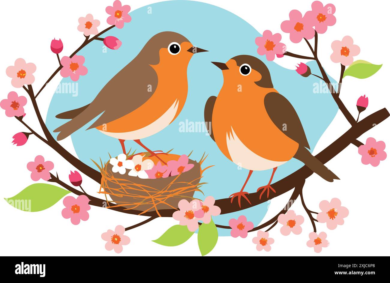 Colorful illustration of two robins sitting in a nest among cherry ...