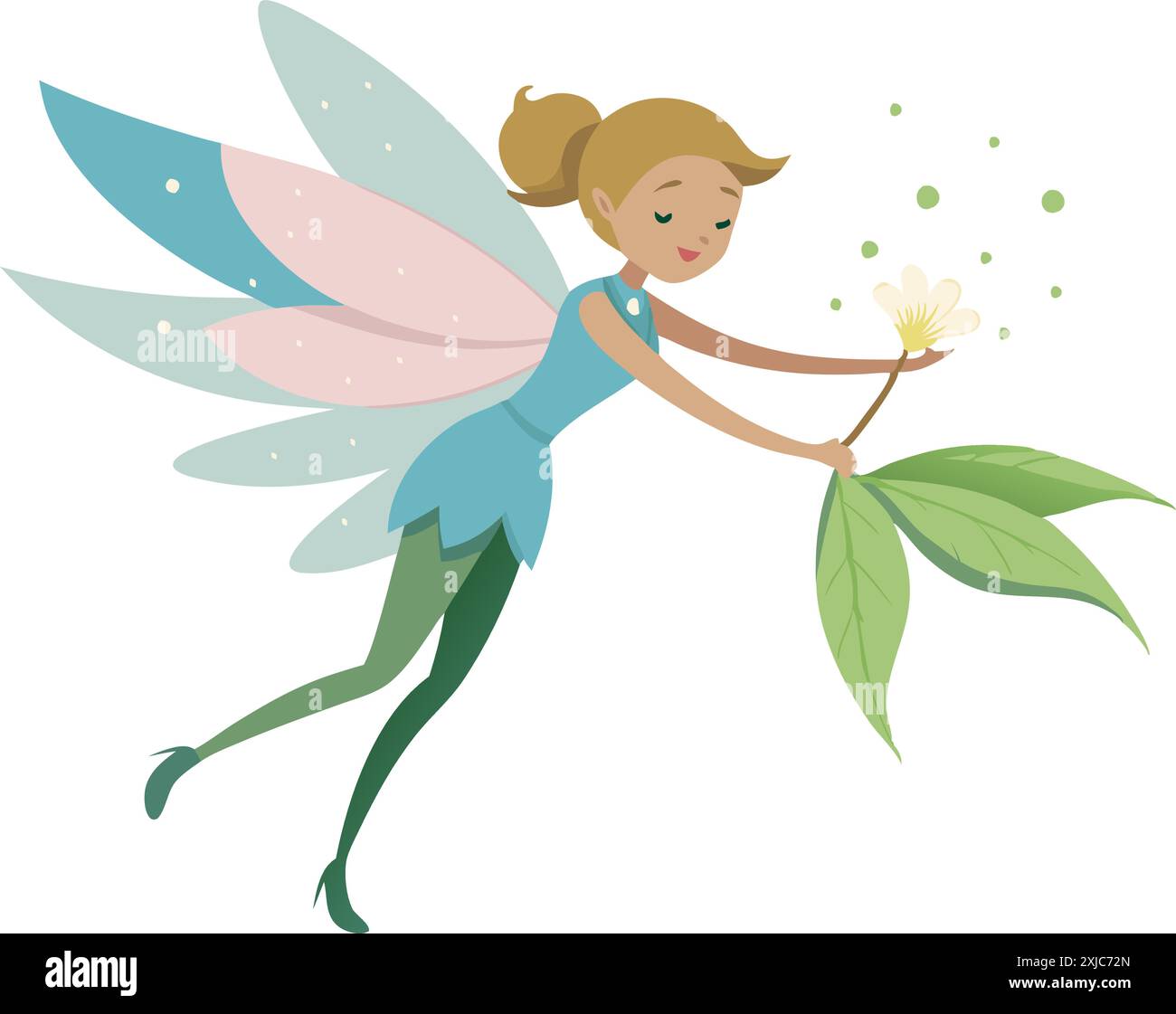 Whimsical fairy character with delicate wings holding a flower and ...