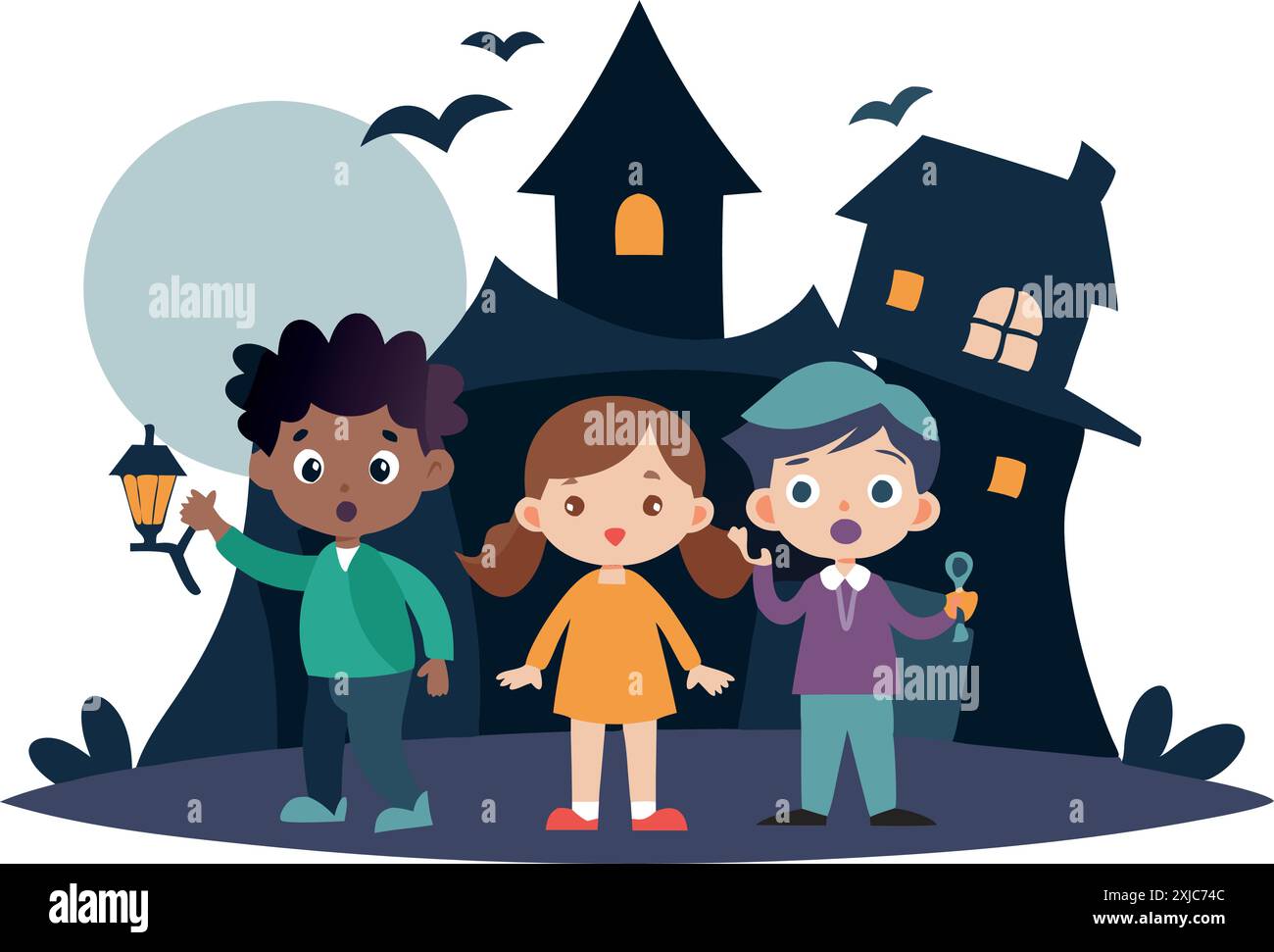 Illustration of cartoon children in Halloween costumes standing in ...