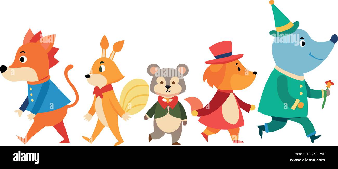 Whimsical illustration of colorful animated animals walking in a line ...
