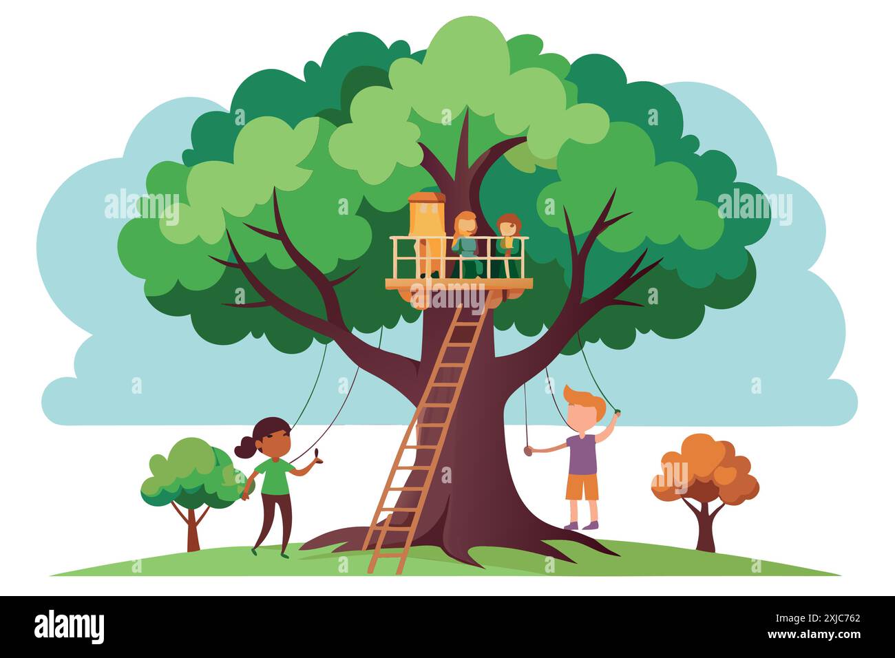 Illustration of children playing in a treehouse with swings and a ...
