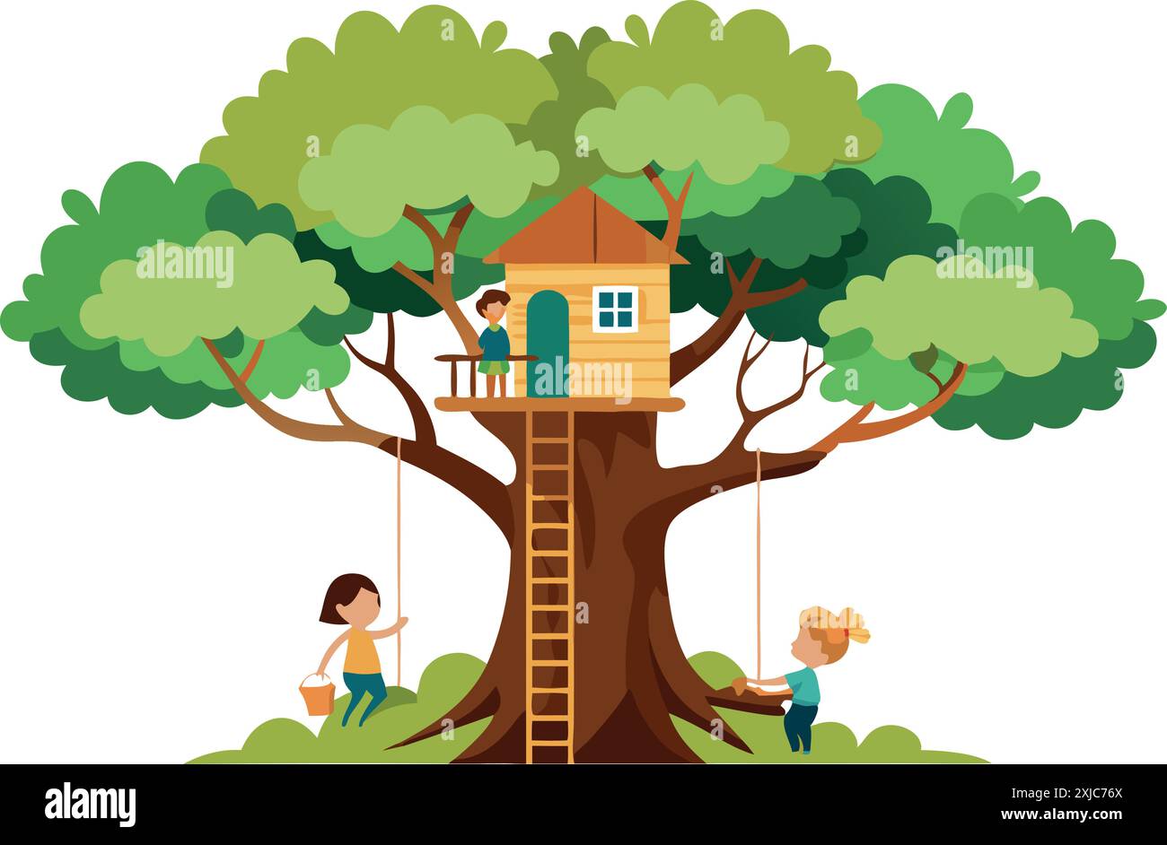 Colorful vector illustration of happy children playing around a large ...