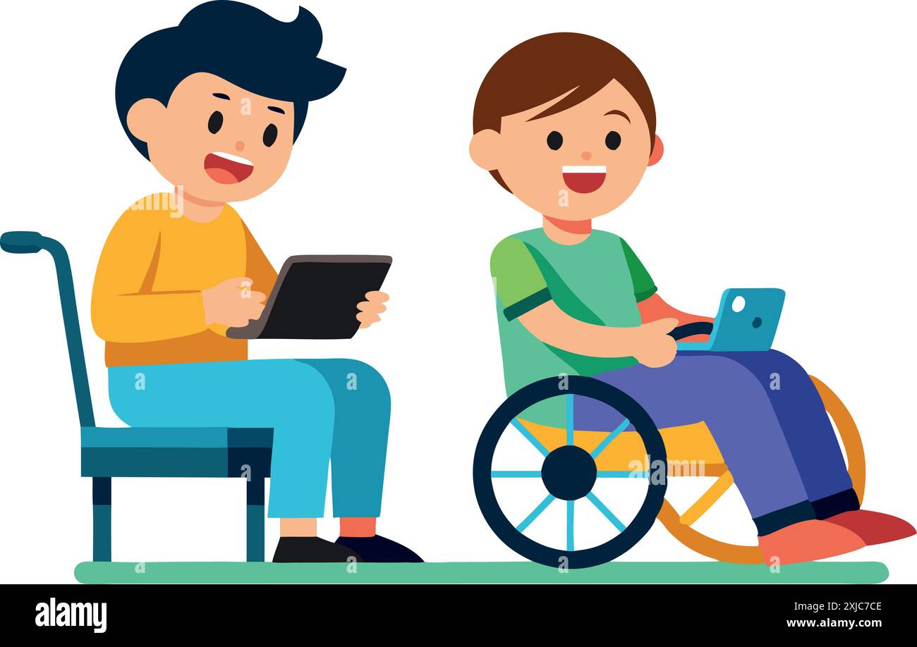Children using tablets and a laptop, including a child in a wheelchair ...