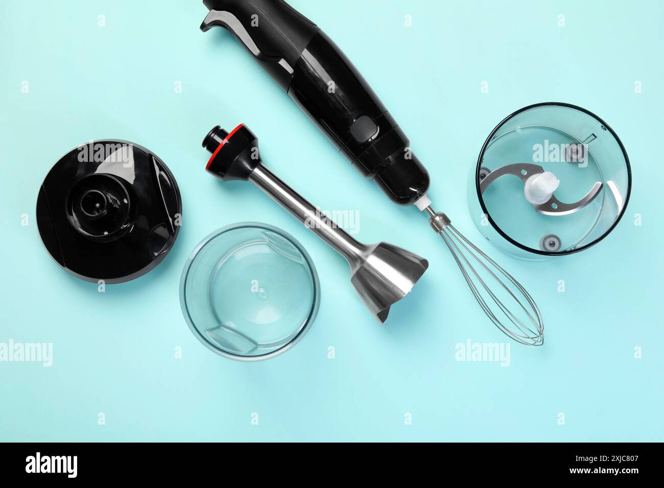 Hand blender kit on light blue background, flat lay Stock Photo - Alamy