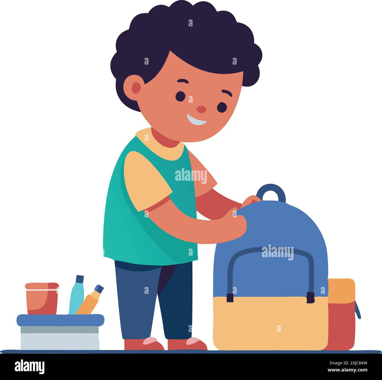 Illustration of a happy child packing a school backpack with supplies ...