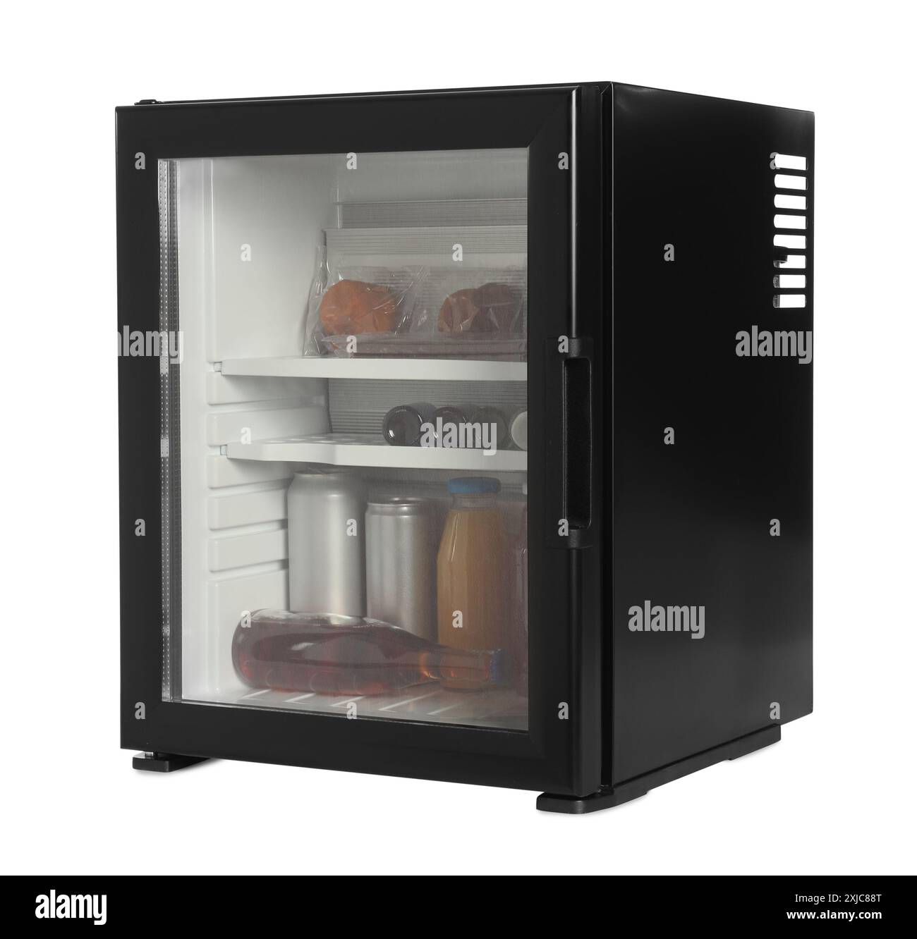 Mini refrigerator with drinks and snacks isolated on white Stock Photo ...