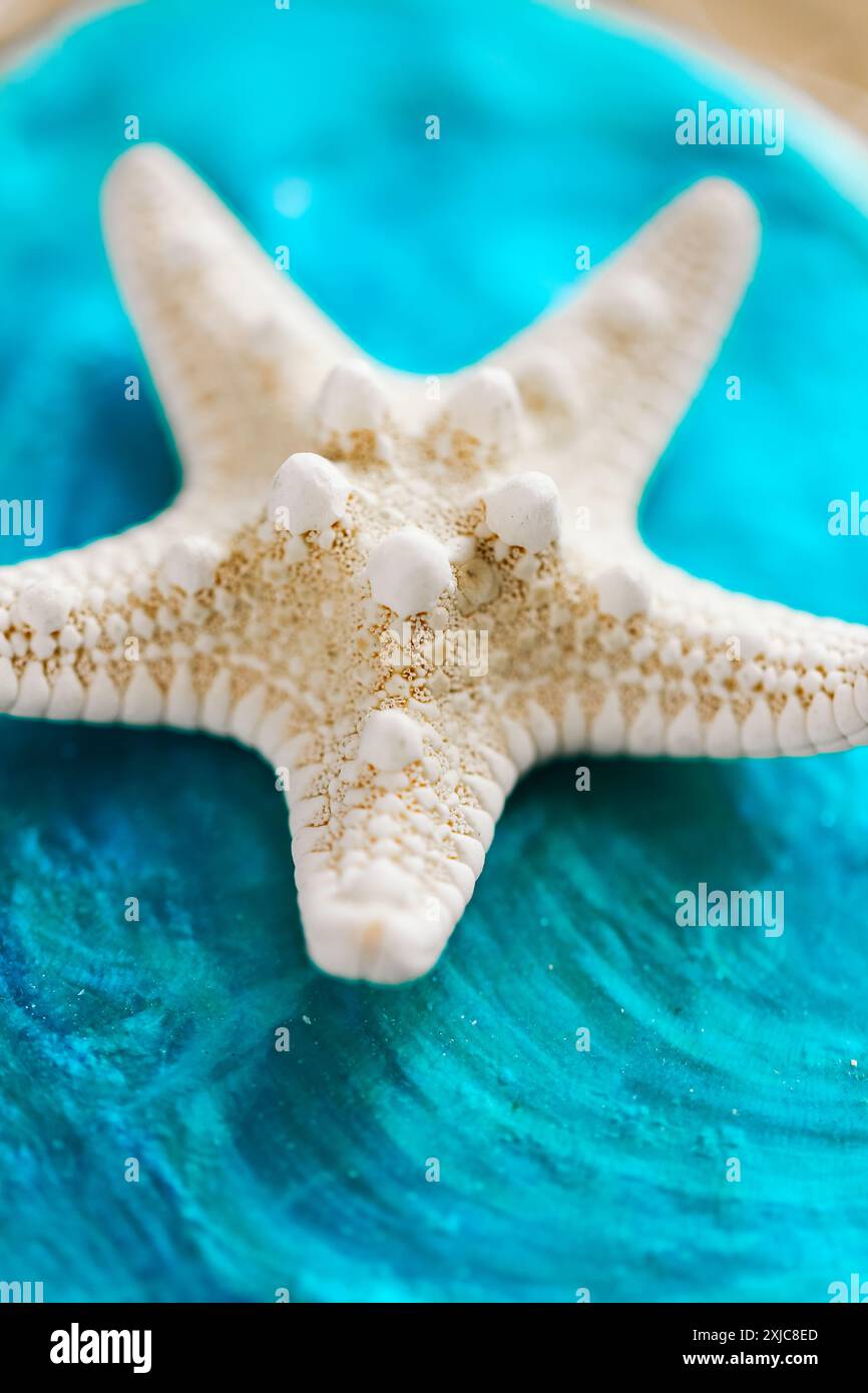 Marine texture. White dry starfish on blue mother of pearl on fishing ...